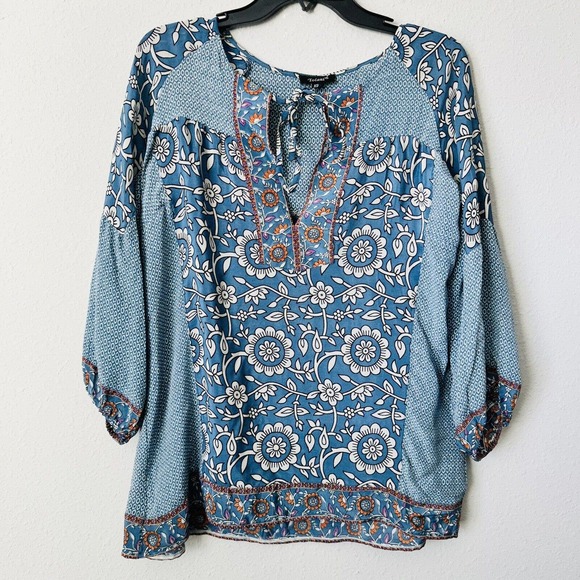 Tolani | Tops | Tolani Floral Mixed Print Keyhole Tie Neck Silk Blouse ...